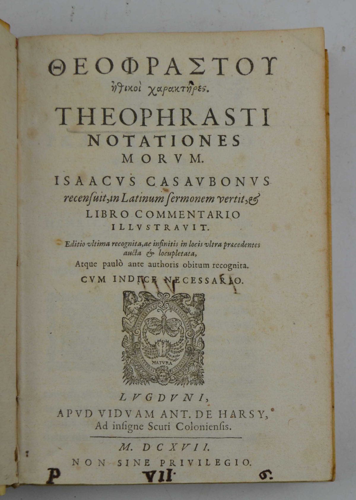 Theophrasti notationes morum. Isaacus Casaubonus recensuit, in Latinum ...